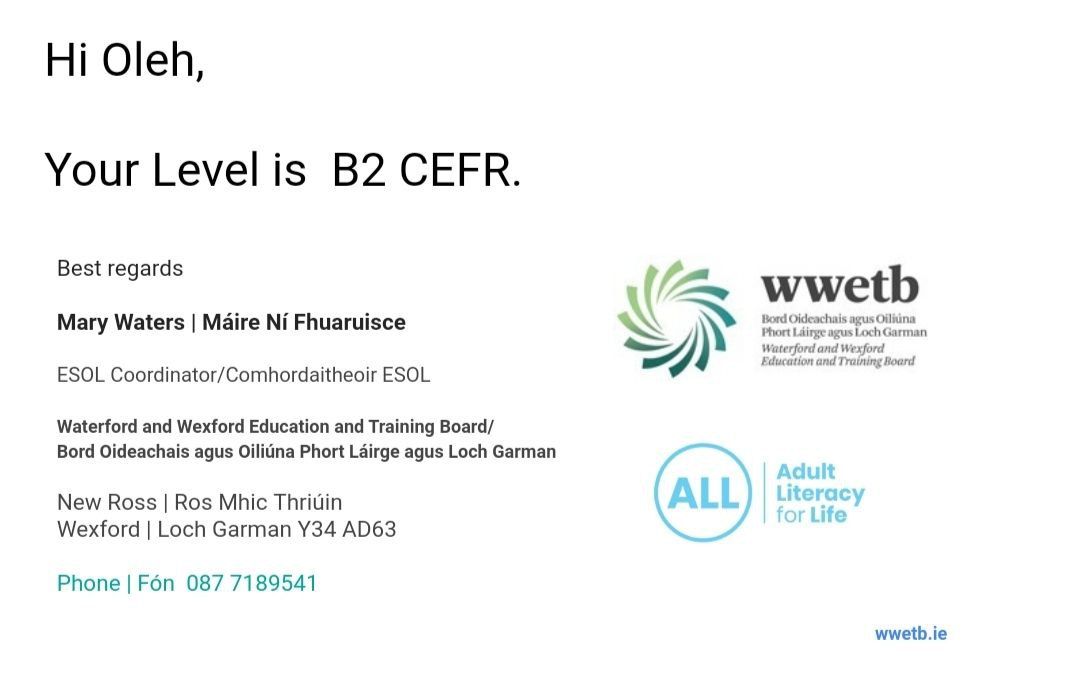 Oleh Zinchenko on LinkedIn: I have passed the ESOL assessment. Irish ... Oleh Zinchenko on LinkedIn: I have passed the ESOL assessment. Irish ...