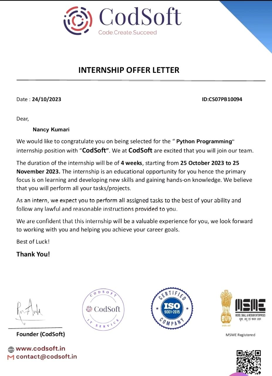 Nancy Kumari on LinkedIn: #pythonprogramming #internship # ... Nancy Kumari on LinkedIn: #pythonprogramming #internship # ...