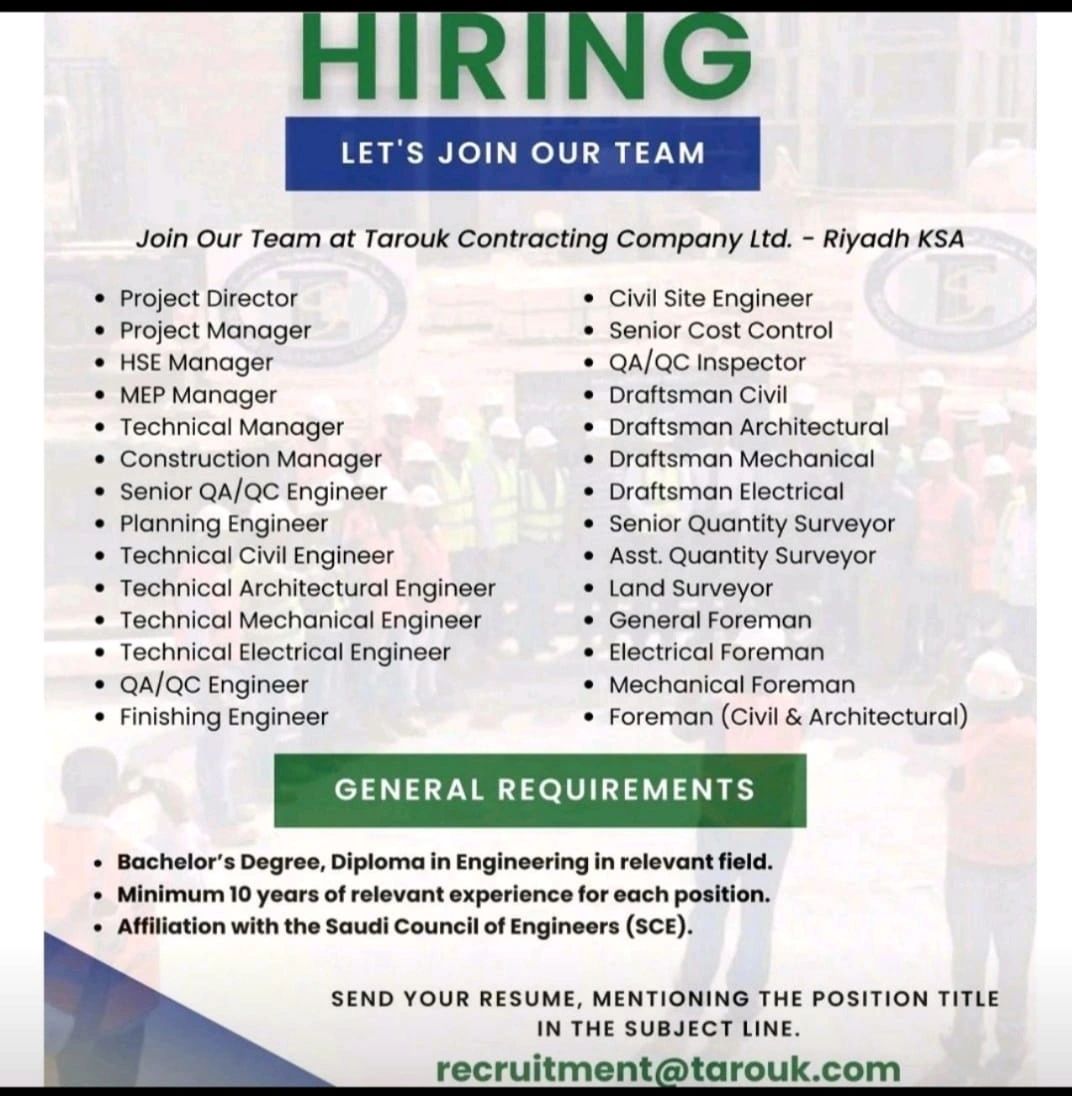 Tarouk Contracting Company need this below Positions send your Resume ... Tarouk Contracting Company need this below Positions send your Resume ...