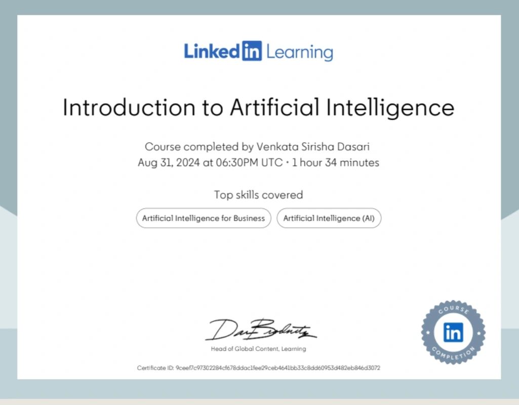 Venkata Sirisha Dasari on LinkedIn: Just completed the Introduction to ... Venkata Sirisha Dasari on LinkedIn: Just completed the Introduction to ...