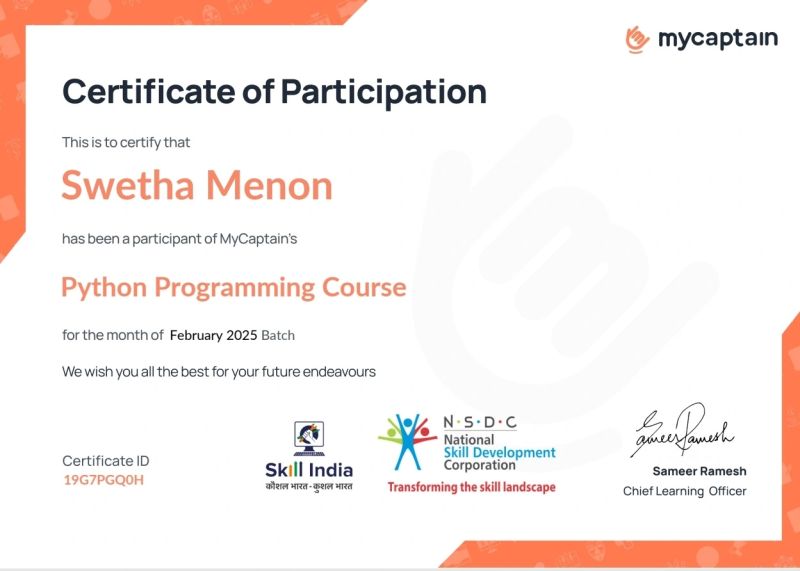 Swetha Menon on LinkedIn: #python #programming #learning #mycaptain # ... Swetha Menon on LinkedIn: #python #programming #learning #mycaptain # ...