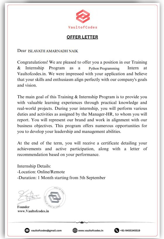 amarnadh naik islavath on LinkedIn: offer letter from vaultofcode in ... amarnadh naik islavath on LinkedIn: offer letter from vaultofcode in ...
