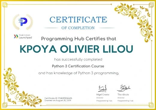 Olivier Lilou KPOYA on LinkedIn: I have completed Python3 certificate ... Olivier Lilou KPOYA on LinkedIn: I have completed Python3 certificate ...