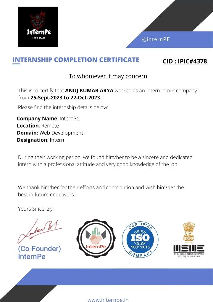 Anuj Kumar Arya on LinkedIn: #internship #webdevelopment Anuj Kumar Arya on LinkedIn: #internship #webdevelopment