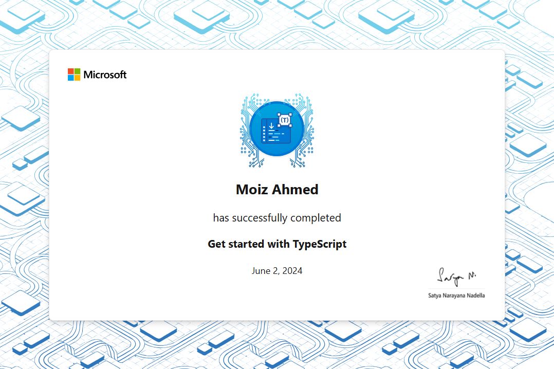 Earned TypeScript Certificate with Microsoft | Moiz Ahmed posted on the ... Earned TypeScript Certificate with Microsoft | Moiz Ahmed posted on the ...
