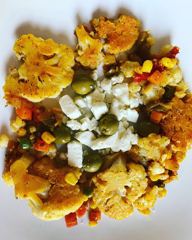 Cauliflower, mixed frozen veggies, feta cheese, and green olives ... Cauliflower, mixed frozen veggies, feta cheese, and green olives ...