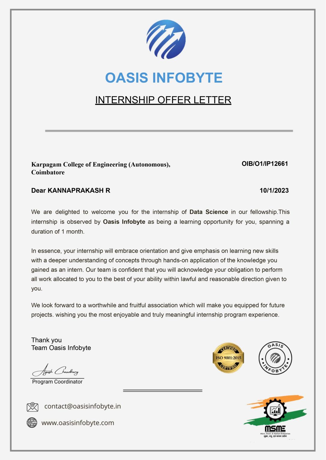 KANNAPRAKASH R on LinkedIn: #oasisinfobyte #internship #newbeginnings KANNAPRAKASH R on LinkedIn: #oasisinfobyte #internship #newbeginnings