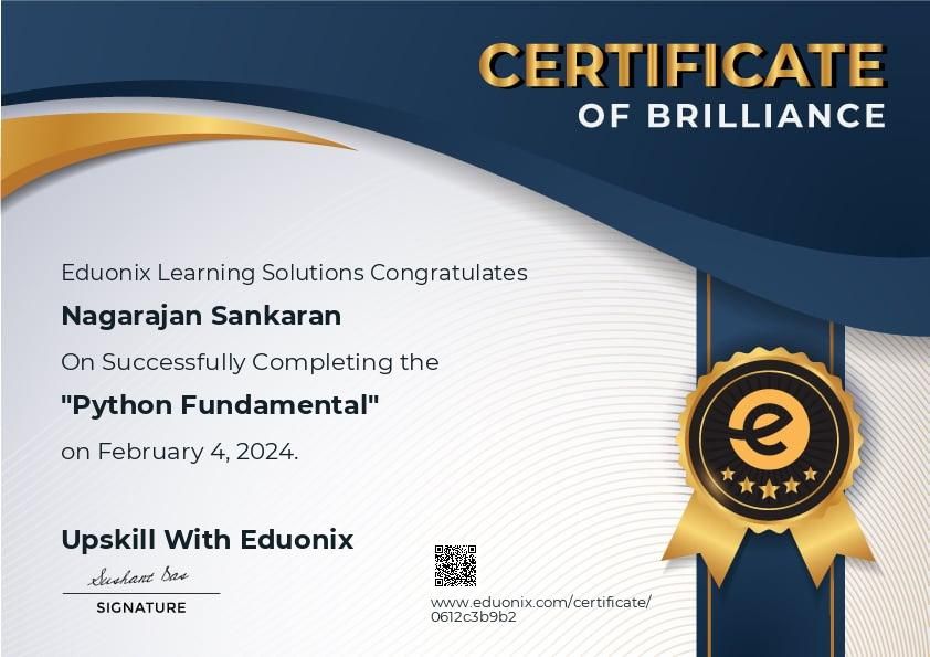 Nagarajan Sankaran on LinkedIn: certificate-python-fundamental Nagarajan Sankaran on LinkedIn: certificate-python-fundamental