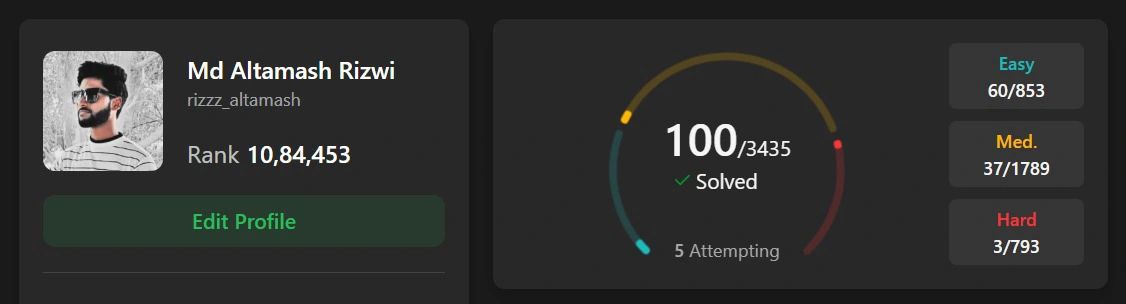 Md Altamash Rizwi on LinkedIn: Solved 100 DSA problems on LeetCode! 🎯 ... Md Altamash Rizwi on LinkedIn: Solved 100 DSA problems on LeetCode! 🎯 ...