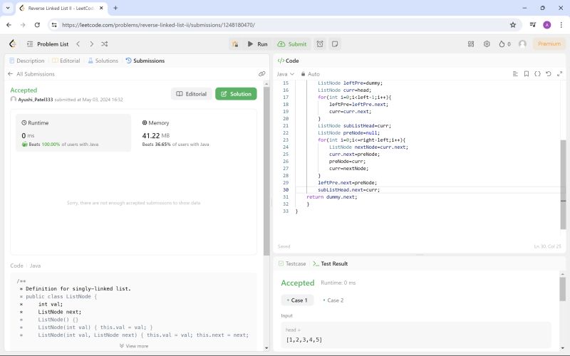 Conquered Reverse Linked List II problem | Ayushi Patel posted on the ... Conquered Reverse Linked List II problem | Ayushi Patel posted on the ...