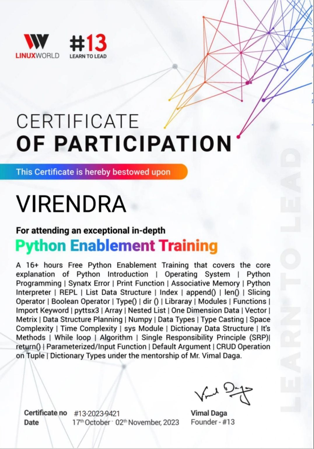 Completed Python Enablement Training by Mr. Vimal Daga | Virendra Goura ... Completed Python Enablement Training by Mr. Vimal Daga | Virendra Goura ...