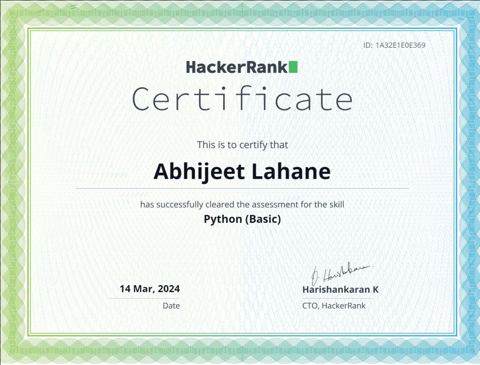 I earned a Python certificate from HackerRank! | Abhijeet Lahane posted ... I earned a Python certificate from HackerRank! | Abhijeet Lahane posted ...