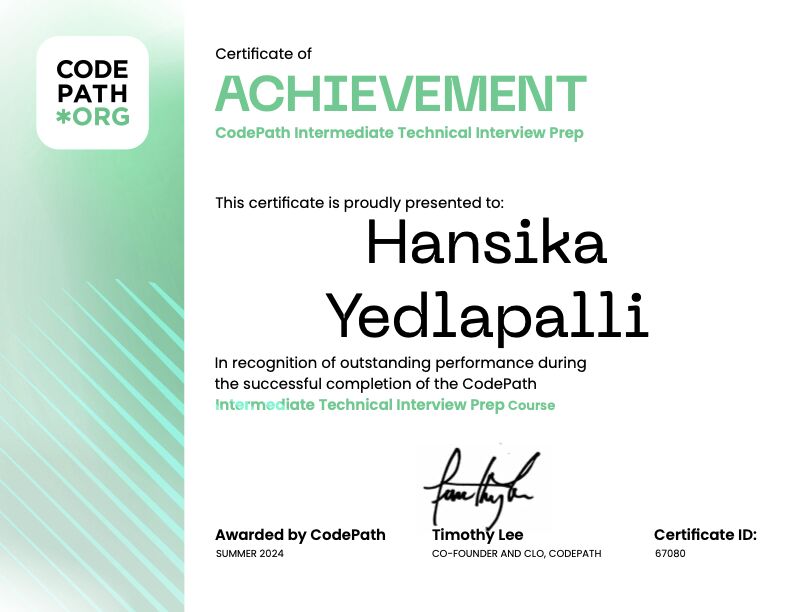 Hansika C. on LinkedIn: #codepath #technicalinterviewprep #dsa # ... Hansika C. on LinkedIn: #codepath #technicalinterviewprep #dsa # ...