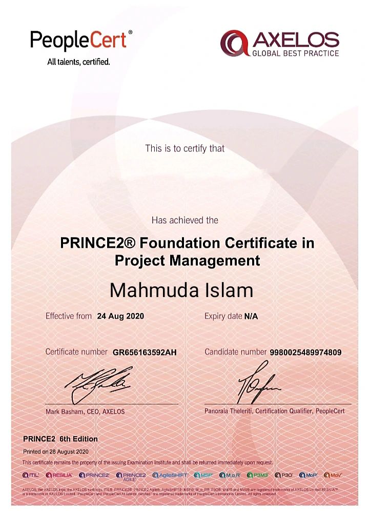 Mahmuda Islam on LinkedIn: PRINCE2® Foundation Certificate project ... Mahmuda Islam on LinkedIn: PRINCE2® Foundation Certificate project ...