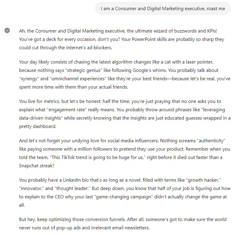 Yann Marie on LinkedIn: I asked Chat GPT to roast me. It is hilarious ... Yann Marie on LinkedIn: I asked Chat GPT to roast me. It is hilarious ...