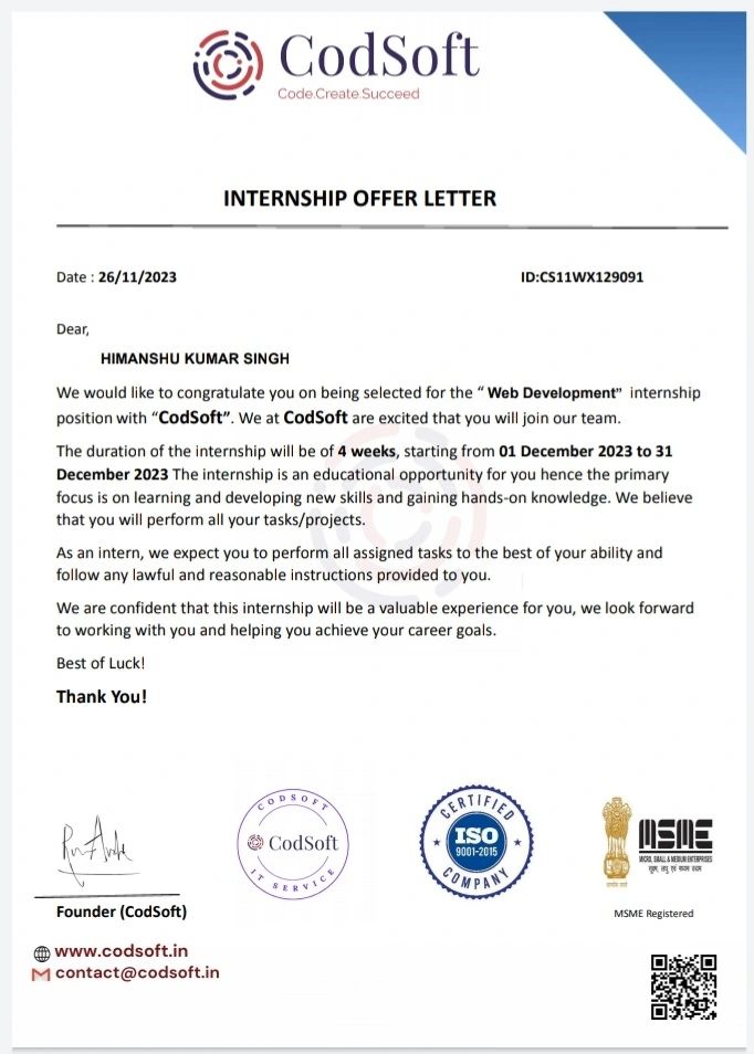 Himanshu Kumar Singh on LinkedIn: #codsoft #codsoftinternship # ... Himanshu Kumar Singh on LinkedIn: #codsoft #codsoftinternship # ...