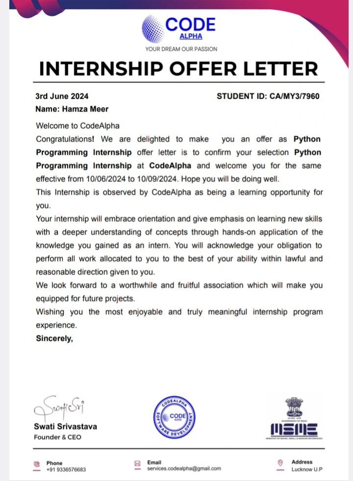Hamza Meer on LinkedIn: #internship #codealpha #pythonprogramming # ... Hamza Meer on LinkedIn: #internship #codealpha #pythonprogramming # ...