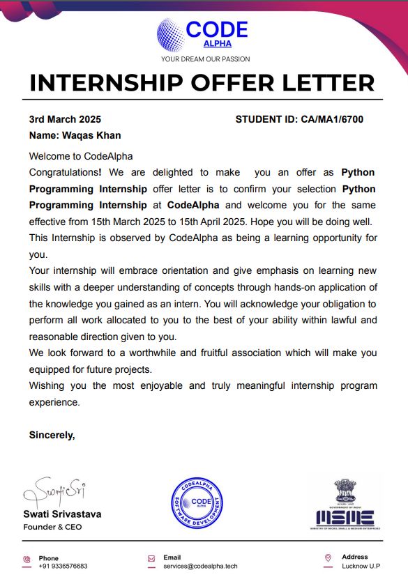 #internship #python #codealpha #learning #growth #development | Waqas Khan #internship #python #codealpha #learning #growth #development | Waqas Khan