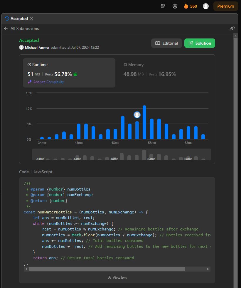 Day 560 of Daily LeetCode | 1518. | Michael Farmer Day 560 of Daily LeetCode | 1518. | Michael Farmer