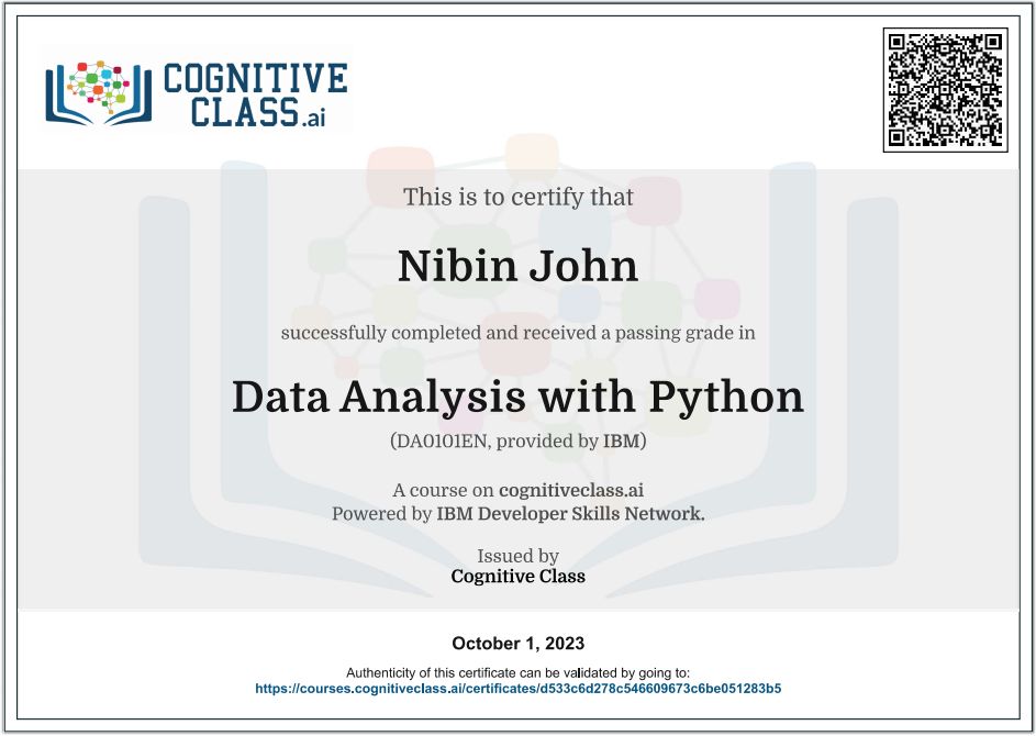 #dataanalysis #python #cognitiveclass #ibm #certification… | Nibin john #dataanalysis #python #cognitiveclass #ibm #certification… | Nibin john