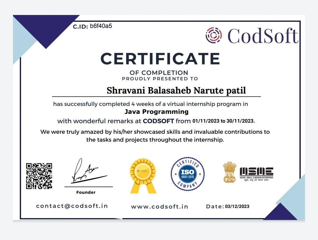 Shravani Narutepatil on LinkedIn: Successfully completed CODSOFT ... Shravani Narutepatil on LinkedIn: Successfully completed CODSOFT ...