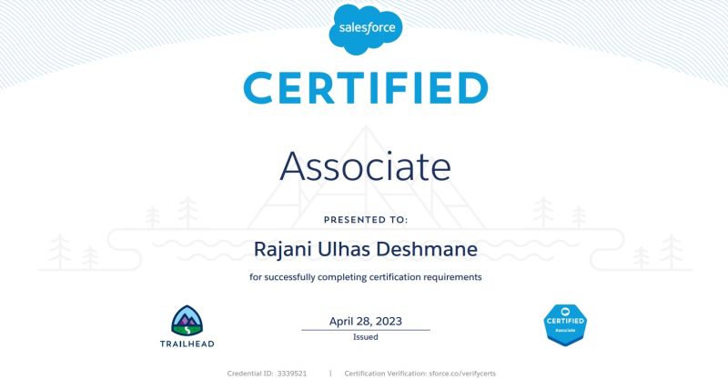 Rajani Deshmane on LinkedIn: Salesforce Certified Associate! Rajani Deshmane on LinkedIn: Salesforce Certified Associate!