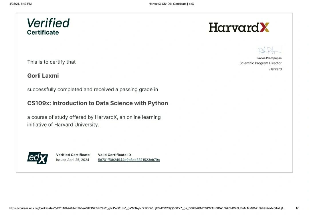 Gorli Laxmi on LinkedIn: #edx #datasciencewithpython #hardvardx Gorli Laxmi on LinkedIn: #edx #datasciencewithpython #hardvardx