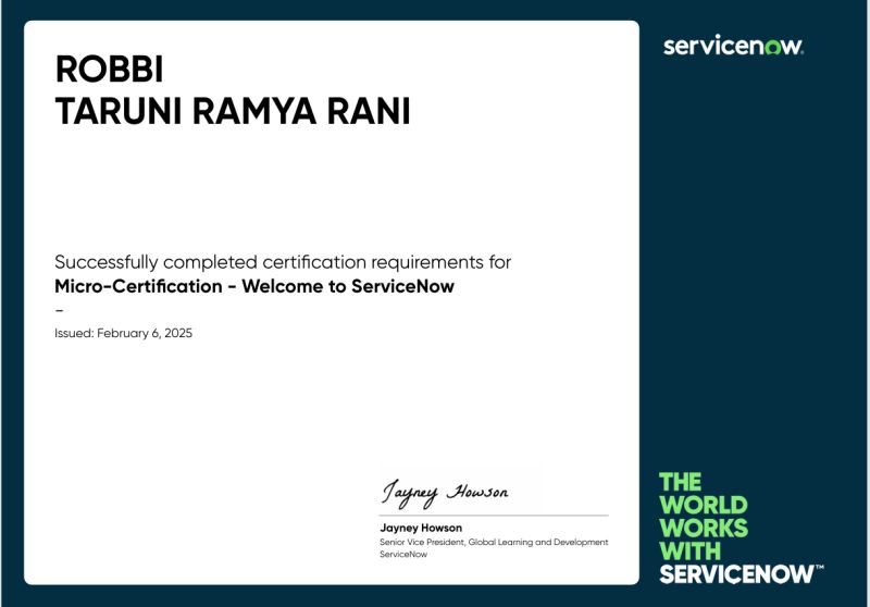 Robbi Taruni Ramya Rani on LinkedIn: #servicenow #certification # ... Robbi Taruni Ramya Rani on LinkedIn: #servicenow #certification # ...