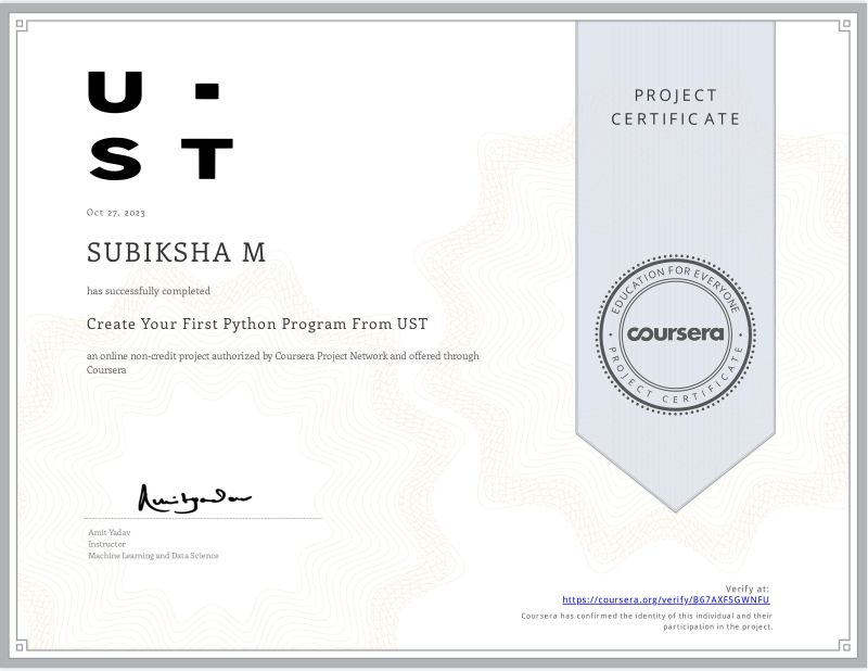 SUBIKSHA M on LinkedIn: #courseera #python #programming #certification ... SUBIKSHA M on LinkedIn: #courseera #python #programming #certification ...