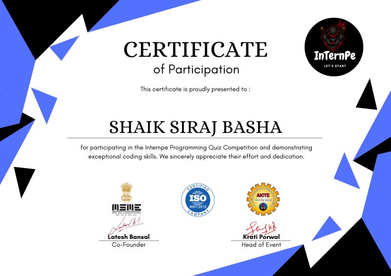 SHAIK SIRAJ BASHA on LinkedIn: #technicalquiz #internpe SHAIK SIRAJ BASHA on LinkedIn: #technicalquiz #internpe