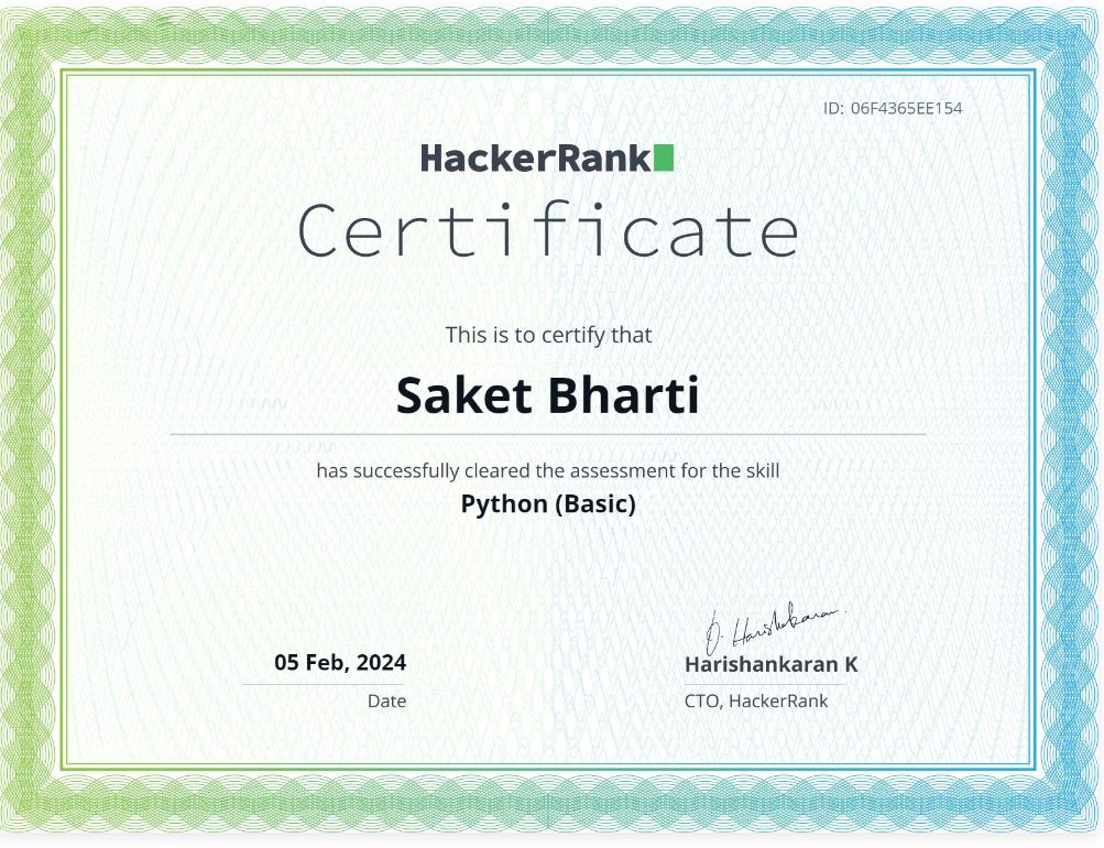Saket Bharti on LinkedIn: #pythoncertification #hackerrank # ... Saket Bharti on LinkedIn: #pythoncertification #hackerrank # ...