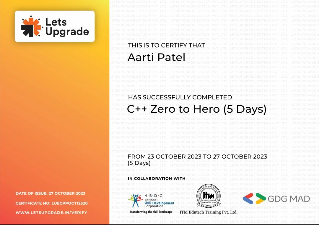 Aarti Patel on LinkedIn: #cplusplus #programming #certification Aarti Patel on LinkedIn: #cplusplus #programming #certification