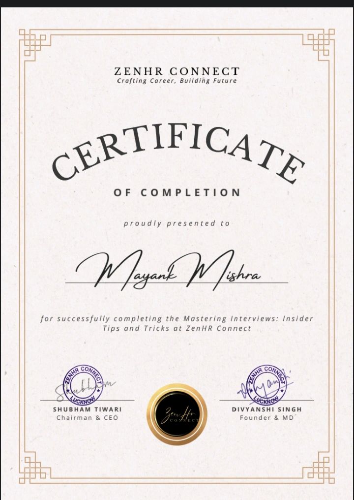 Mayank Mishra on LinkedIn: ZENHR Connect certification 💯💯 Mayank Mishra on LinkedIn: ZENHR Connect certification 💯💯