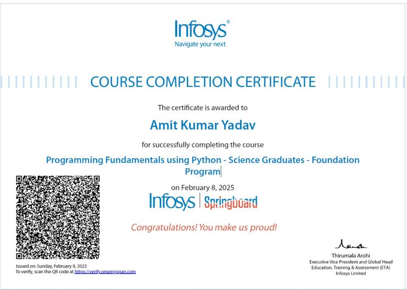 I’m thrilled to share that I have successfully completed the Infosys ... I’m thrilled to share that I have successfully completed the Infosys ...
