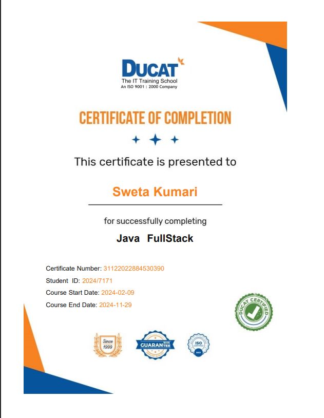 I got certificate of Java full Stack course from Ducat (The IT training ... I got certificate of Java full Stack course from Ducat (The IT training ...