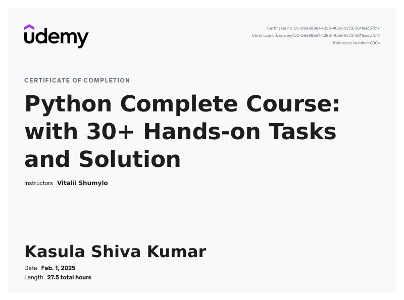 Kasula Shiva kumar on LinkedIn: I have successfully completed my Python ... Kasula Shiva kumar on LinkedIn: I have successfully completed my Python ...