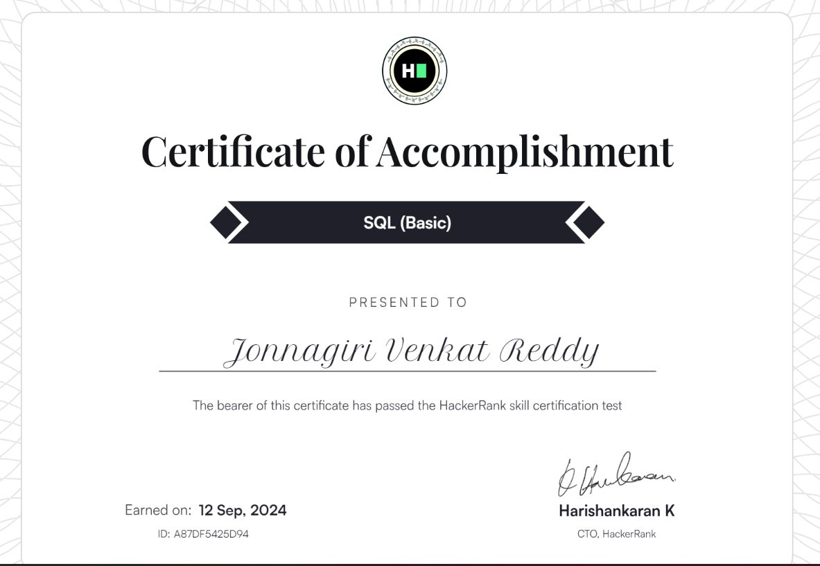 Earned SQL Basics from HackerRank! | JONNAGIRI VENKAT REDDY posted on ... Earned SQL Basics from HackerRank! | JONNAGIRI VENKAT REDDY posted on ...