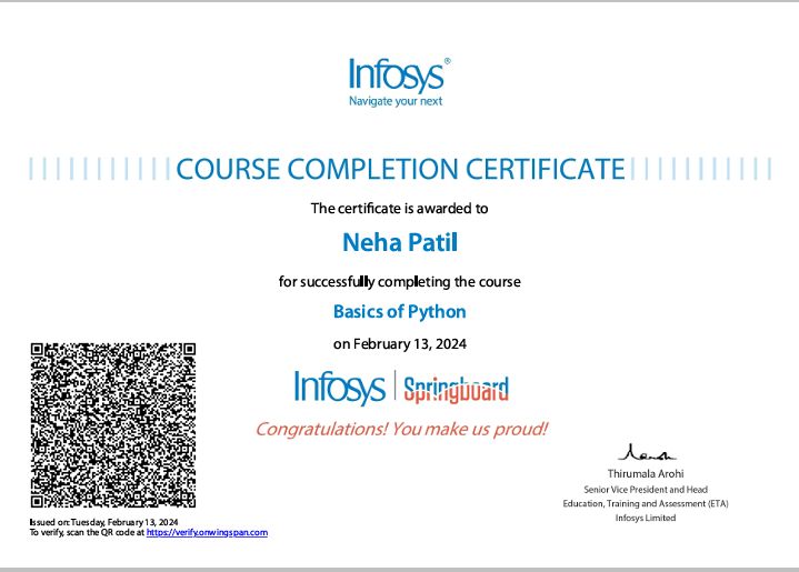 #infosysspringboard #infosys #python | Neha Patil #infosysspringboard #infosys #python | Neha Patil