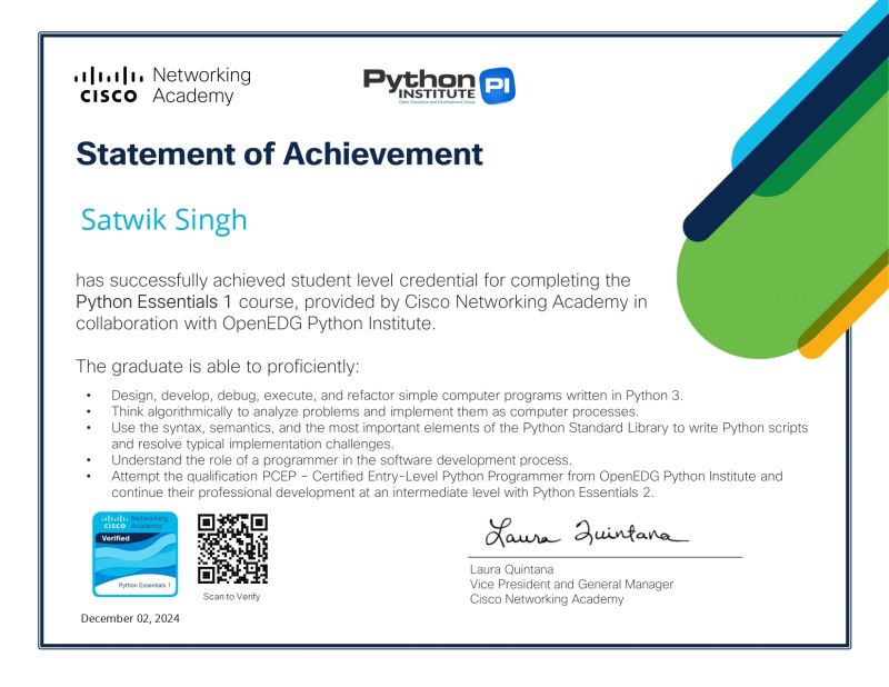 Satwik Singh on LinkedIn: #python #cisco #certification #programmingskills Satwik Singh on LinkedIn: #python #cisco #certification #programmingskills