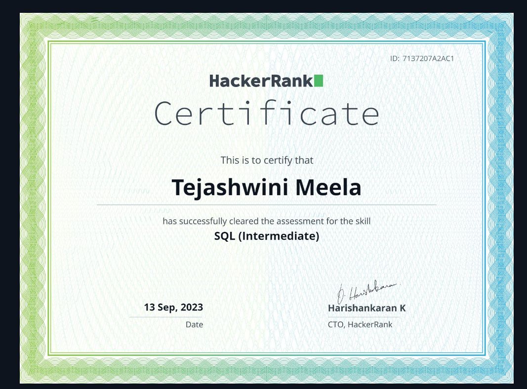 I earned an Intermediate SQL Certificate from HackerRank! | Tejashwini ... I earned an Intermediate SQL Certificate from HackerRank! | Tejashwini ...