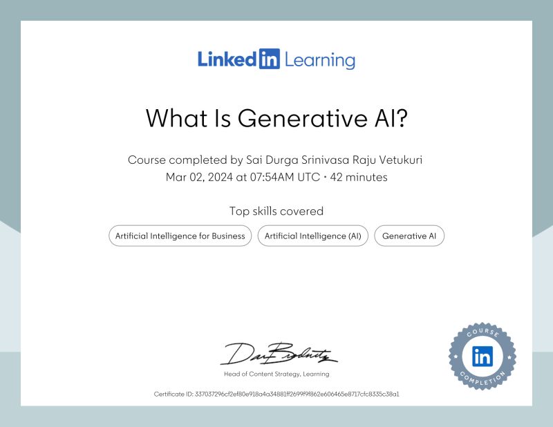 Sai Durga Srinivasa Raju Vetukuri on LinkedIn: Certificate of Completion Sai Durga Srinivasa Raju Vetukuri on LinkedIn: Certificate of Completion