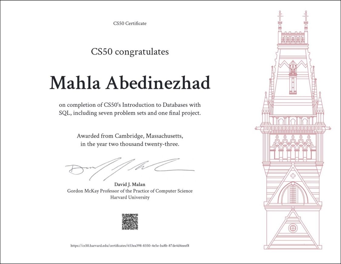 Mahla Abedinezhad on LinkedIn: #cs50 #sql #database #harvarduniversity ... Mahla Abedinezhad on LinkedIn: #cs50 #sql #database #harvarduniversity ...