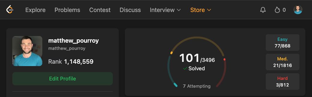 Up to 101 questions on Leetcode now. | Matthew Pourroy Up to 101 questions on Leetcode now. | Matthew Pourroy