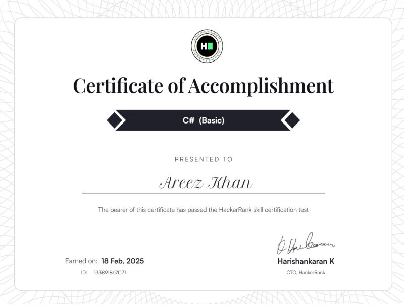 Areez Khan on LinkedIn: #csharp #programming #certification #hackerrank ... Areez Khan on LinkedIn: #csharp #programming #certification #hackerrank ...