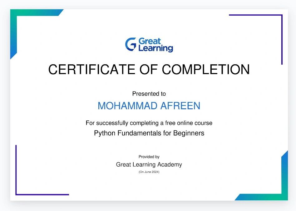 Completed Python course with Great Learning Academy | Mohammad Afreen ... Completed Python course with Great Learning Academy | Mohammad Afreen ...