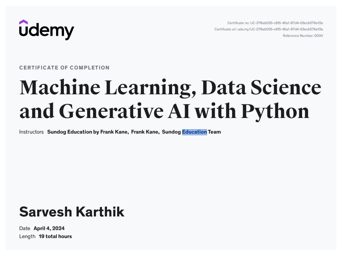 Successfully completing the AI-ML course on Udemy has equipped me with ... Successfully completing the AI-ML course on Udemy has equipped me with ...