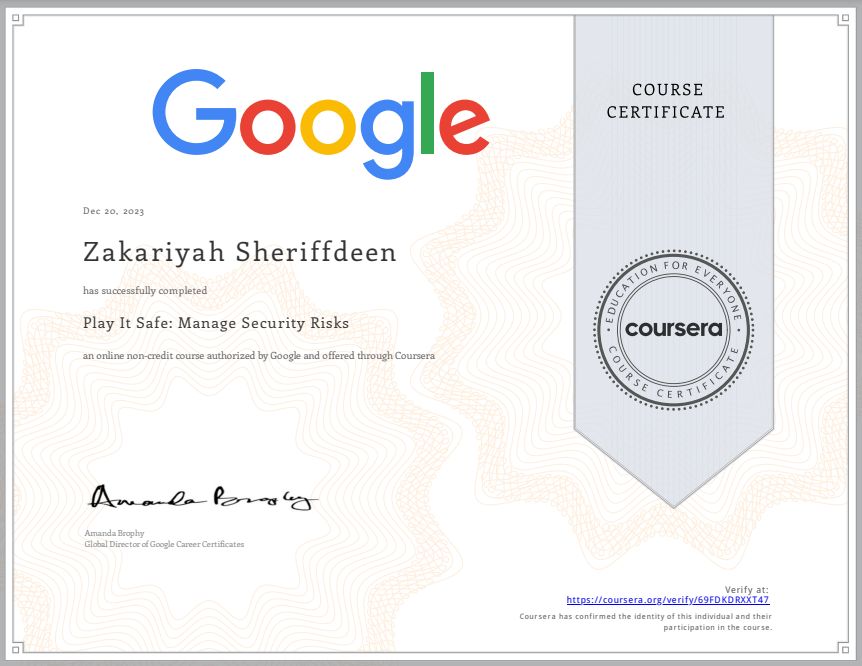 Earned Google certificate for CISSP course | Sheriff Zakariyah posted ... Earned Google certificate for CISSP course | Sheriff Zakariyah posted ...