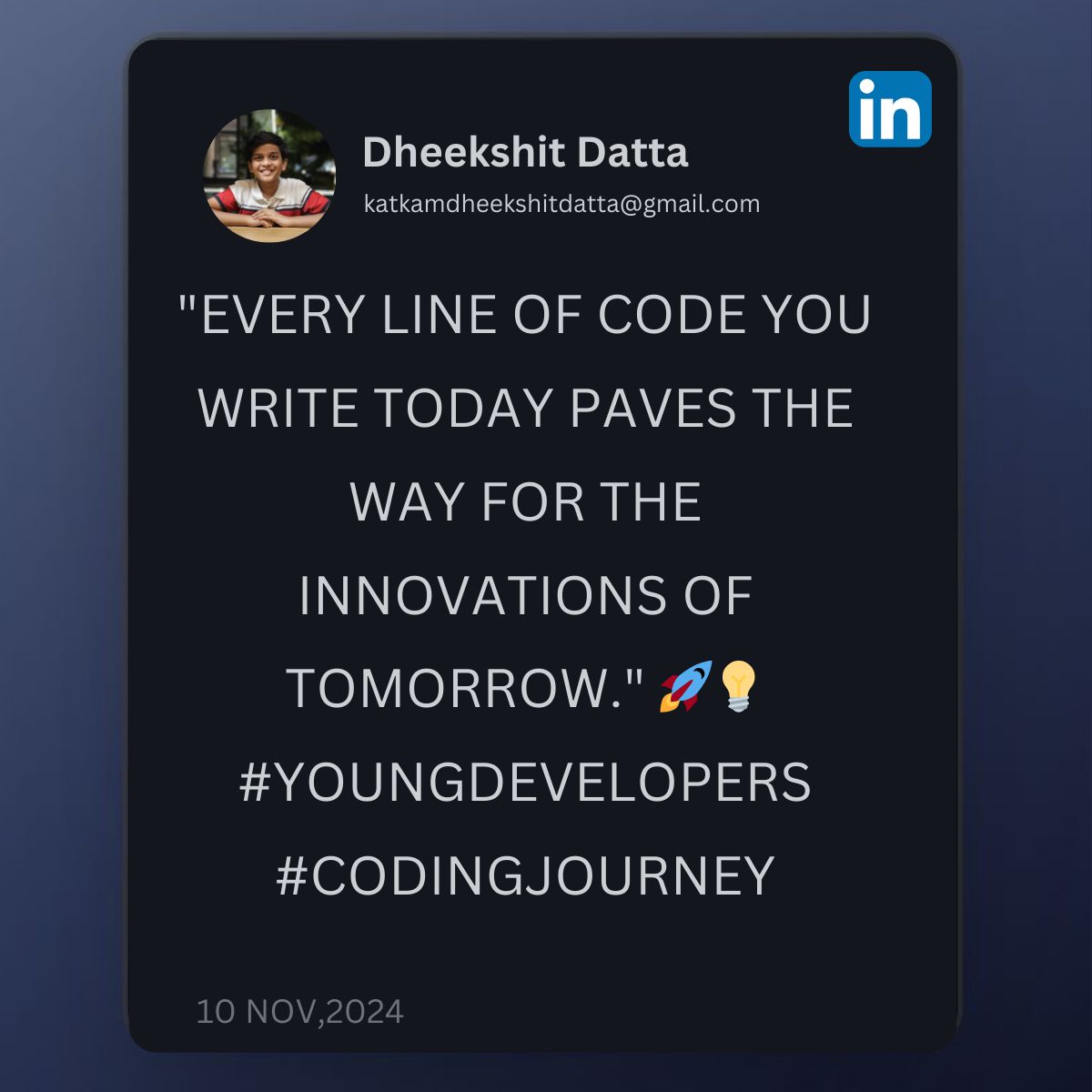 Dheekshit Datta on LinkedIn: #youngdevelopers #motivation #codingjourney Dheekshit Datta on LinkedIn: #youngdevelopers #motivation #codingjourney