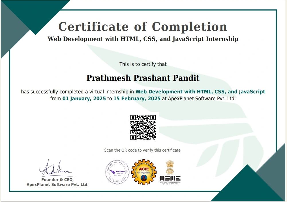 #webdevelopment #internship #html #css #javascript | Prathmesh Pandit #webdevelopment #internship #html #css #javascript | Prathmesh Pandit