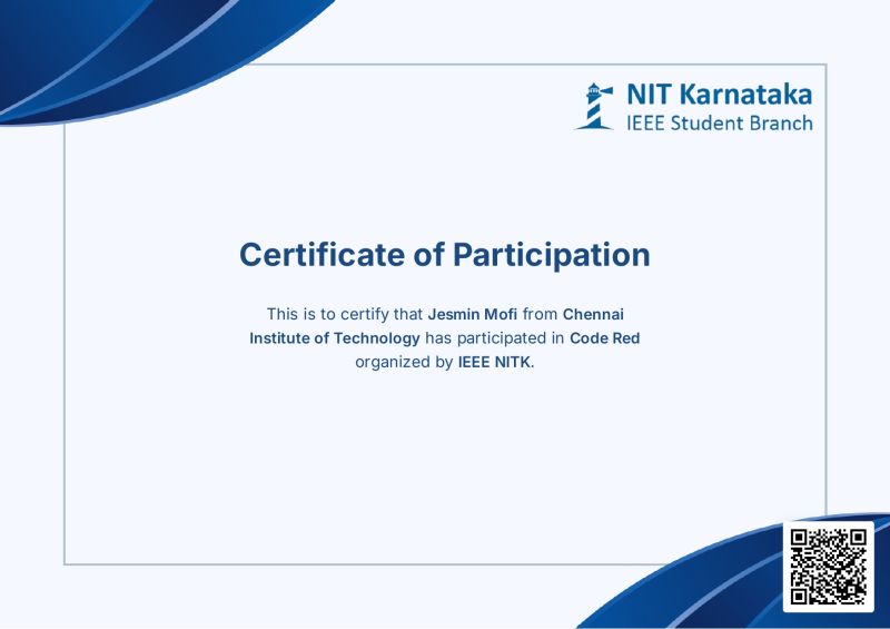 Jesmin Mofi Sunil kumar on LinkedIn: #ieee #nitk #codered # ... Jesmin Mofi Sunil kumar on LinkedIn: #ieee #nitk #codered # ...